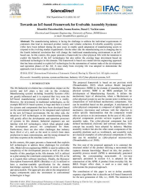 Pdf Towards An Iot Based Framework For Evolvable Assembly Systems Danai Vachtsevanou