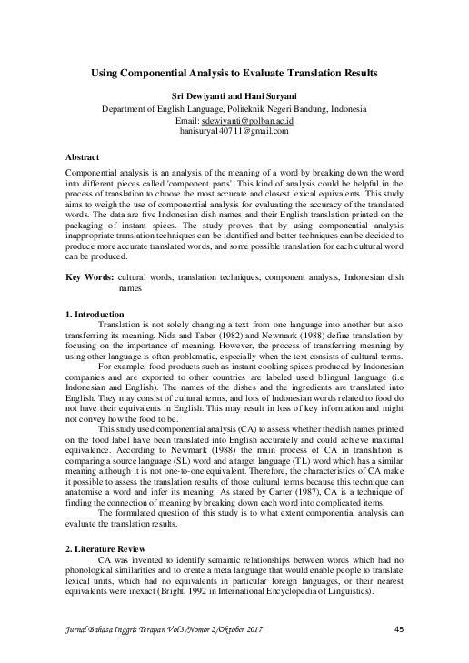 (PDF) Using Componential Analysis to Evaluate Translation Results