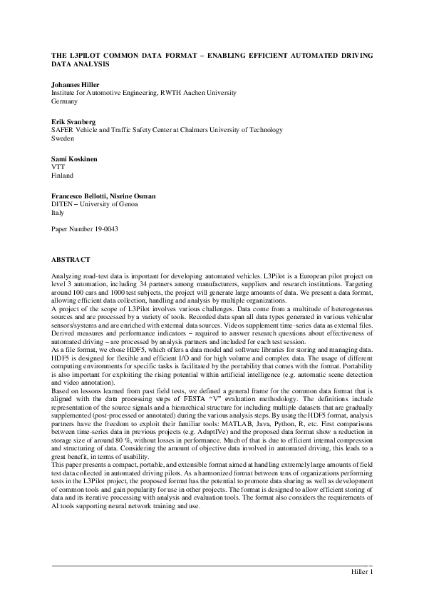 (PDF) The L3Pilot Common Data Format - Enabling Efficient Automated Driving Data Analysis