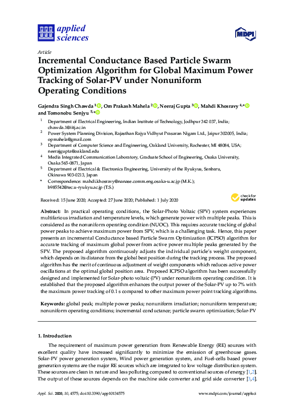 Pdf Incremental Conductance Based Particle Swarm Optimization Algorithm For Global Maximum