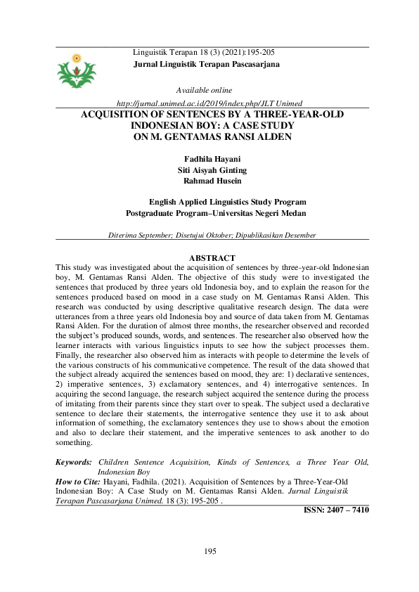 (PDF) Acquisition of Sentences by a Three-Year-Old Indonesian Boy: A Case Study on M. Gentamas ...