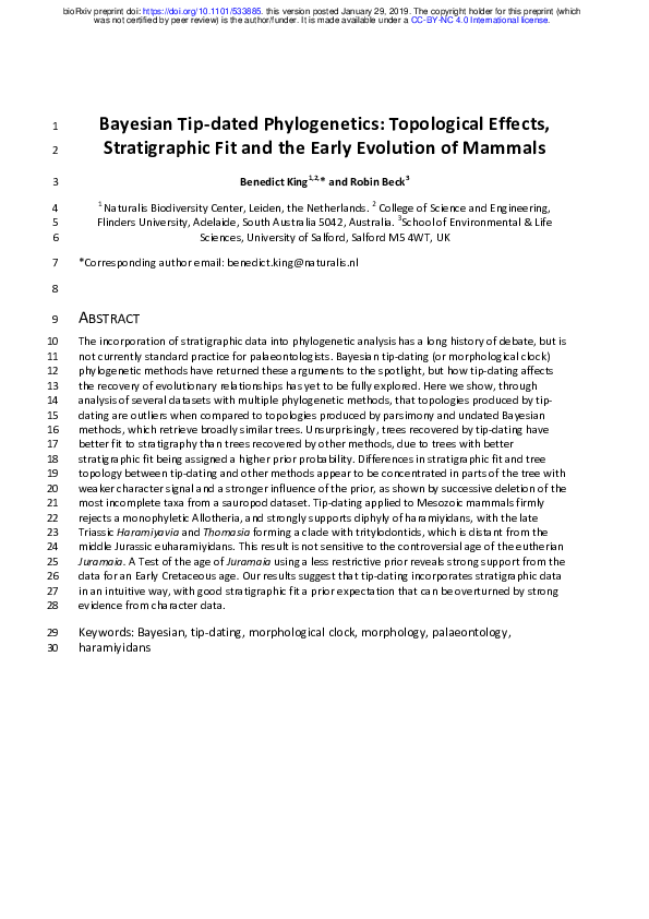 (PDF) Bayesian Tip-dated Phylogenetics: Topological Effects, Stratigraphic Fit and the Early ...
