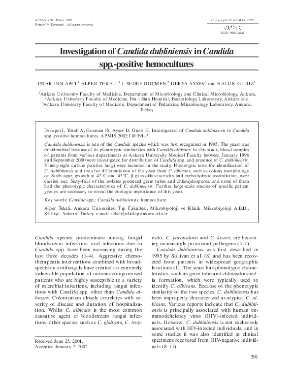 (PDF) Investigation of Candida dubliniensis in Candida spp.-positive hemocultures | Haluk Guriz ...