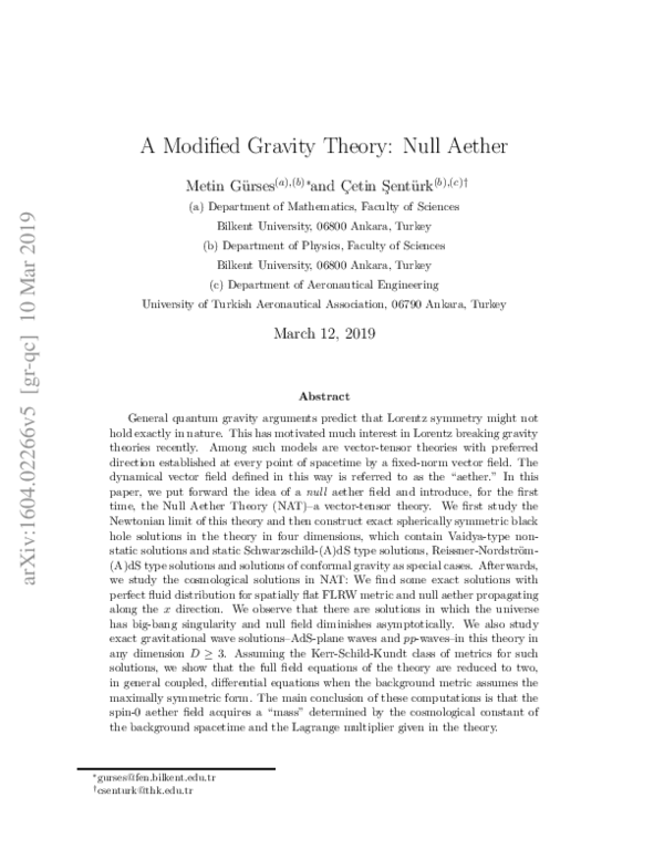 Pdf A Modified Gravity Theory Null Aether Metin Gürses