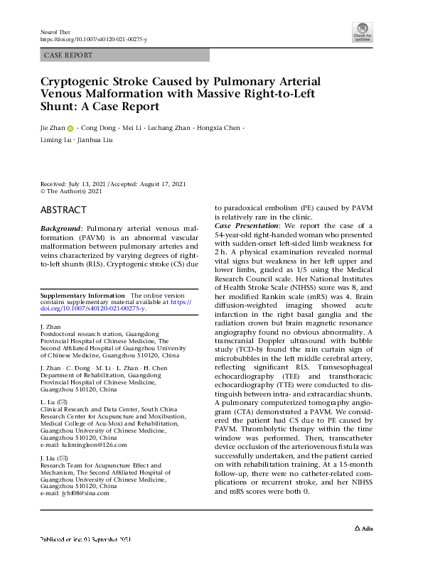 (PDF) Cryptogenic Stroke Caused by Pulmonary Arterial Venous Malformation with Massive Right-to ...