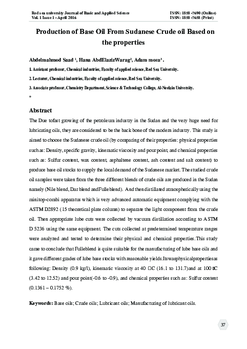 (PDF) Production of Base Oil From Sudanese Crude oil Based on the ...