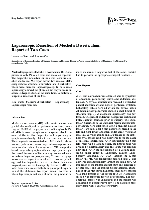 (PDF) Laparoscopic Resection of Meckel's Diverticulum: Report of Two ...