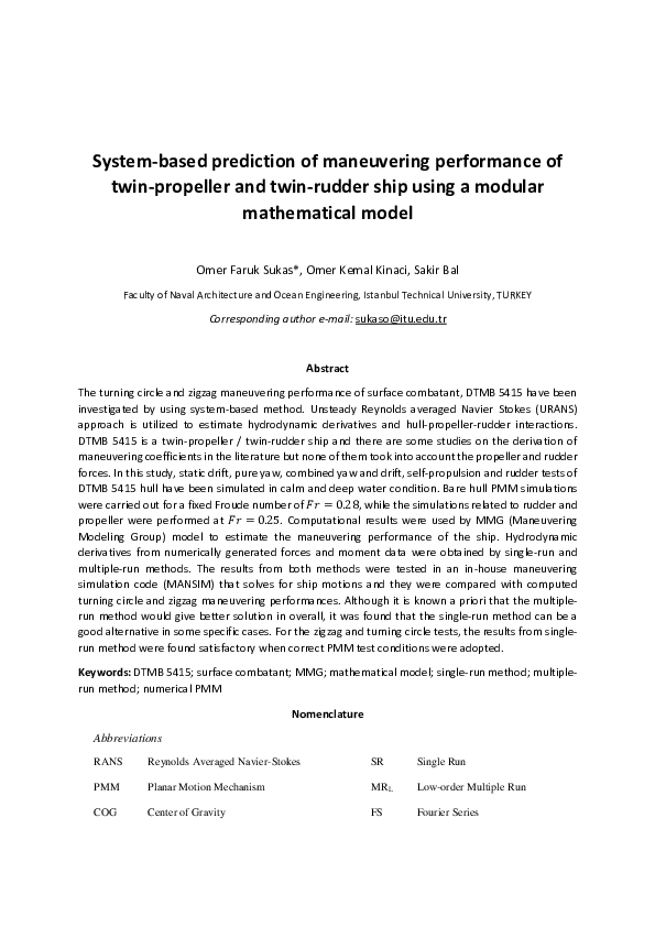 (PDF) System-based prediction of maneuvering performance of twin ...