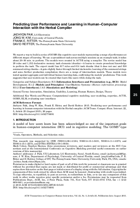 (PDF) Predicting User Performance and Learning in Human--Computer Interaction with the Herbal ...