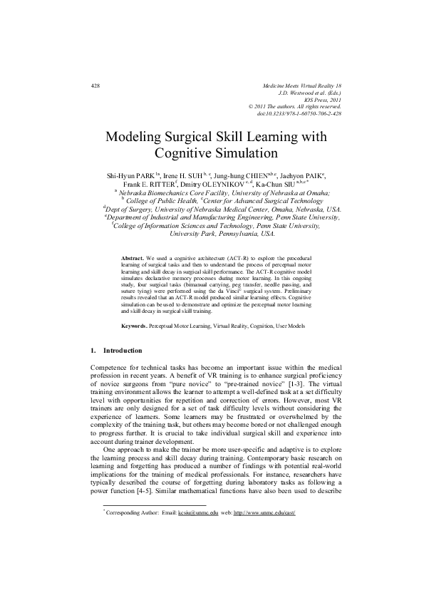 (PDF) Modeling surgical skill learning with cognitive simulation