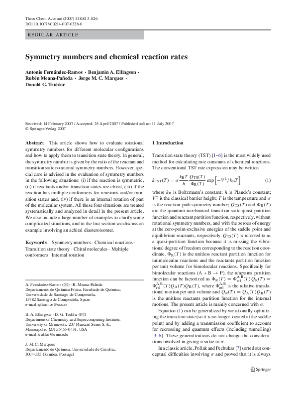 (PDF) Symmetry numbers and chemical reaction rates