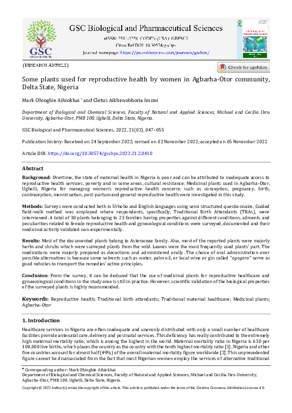 (PDF) Some plants used for reproductive health by women in Agbarha-Otor ...