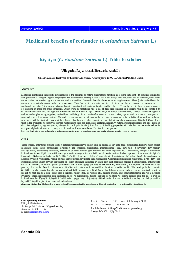 (PDF) Medicinal benefits of coriander(Coriandrum Sativum L)