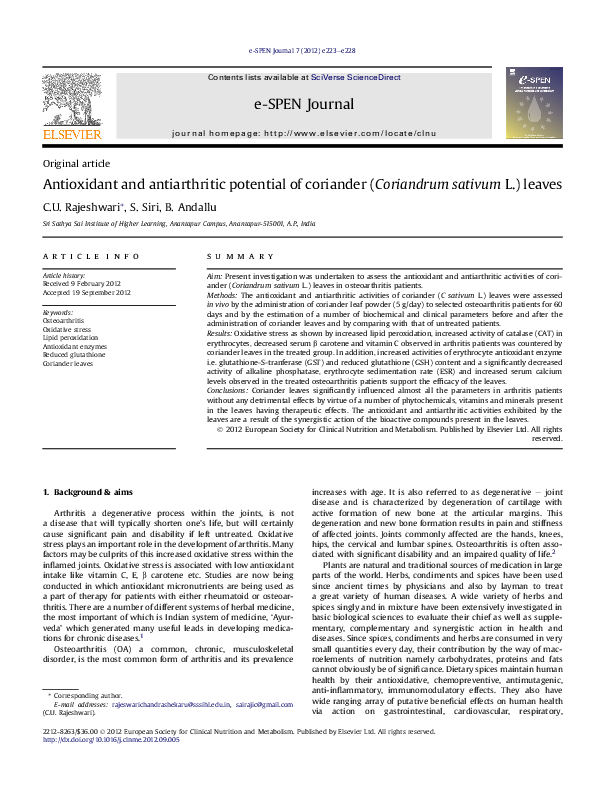 (PDF) Antioxidant and antiarthritic potential of coriander (Coriandrum sativum L.) leaves