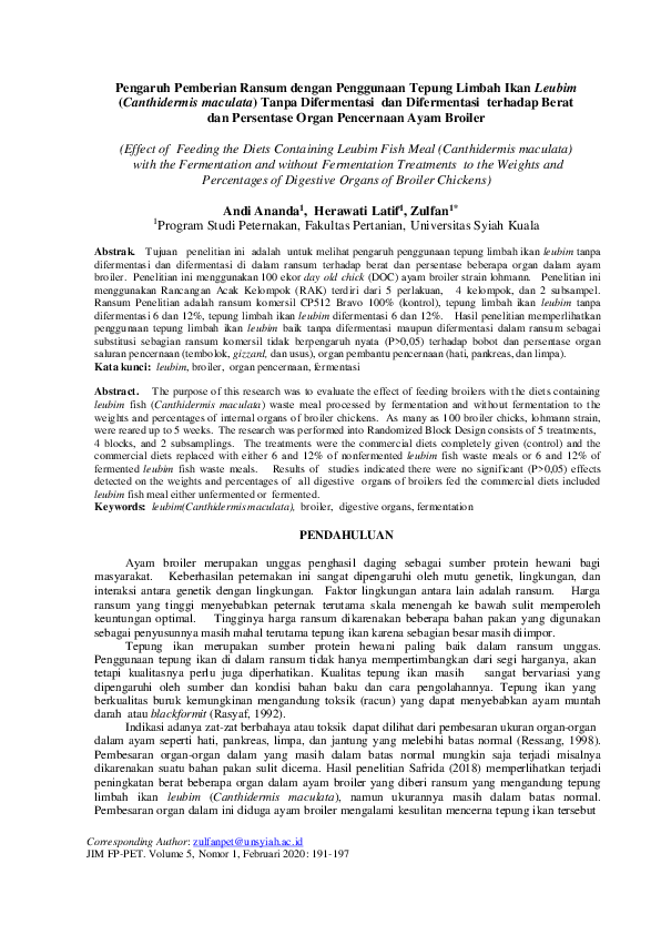 (PDF) Pengaruh Pemberian Ransum dengan Penggunaan Tepung Limbah Ikan Leubim (Canthidermis ...