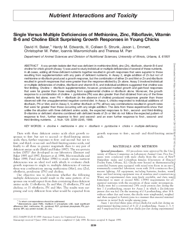 (PDF) Single Versus Multiple Deficiencies of Methionine, Zinc, Riboflavin, Vitamin B-6 and ...