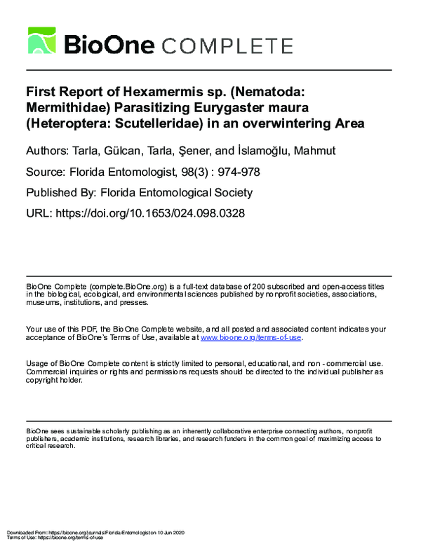 (PDF) First Report ofHexamermissp. (Nematoda: Mermithidae ...