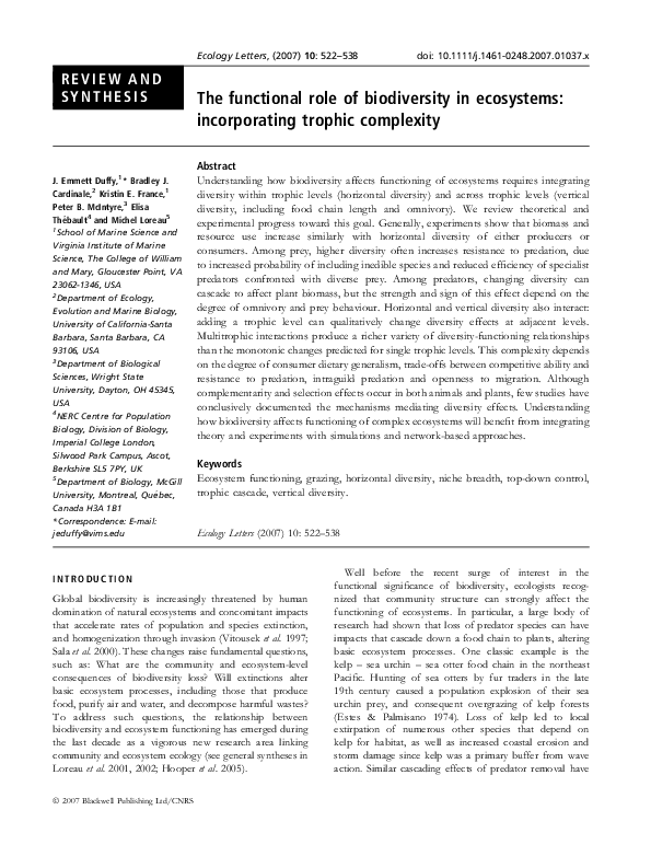 (PDF) The functional role of biodiversity in ecosystems: incorporating ...