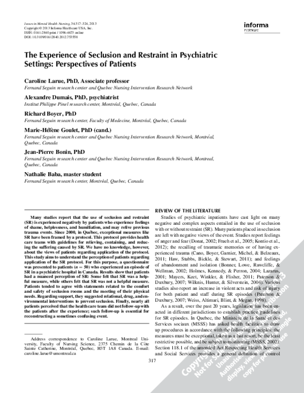(PDF) The Experience of Seclusion and Restraint in Psychiatric Settings: Perspectives of Patients