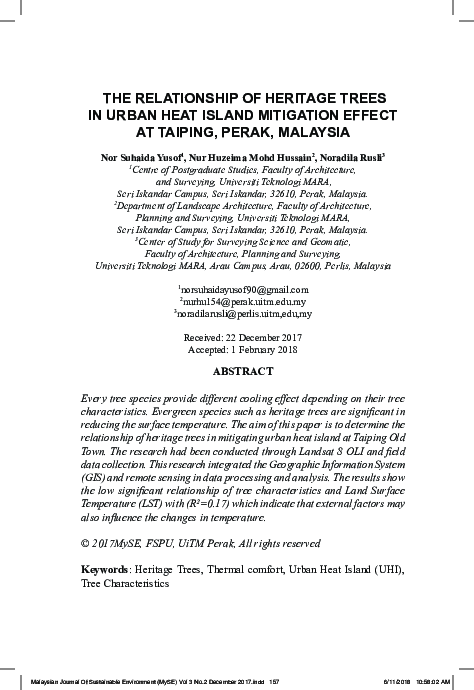Pdf The Relationship Of Heritage Trees In Urban Heat Island Mitigation Effect At Taiping
