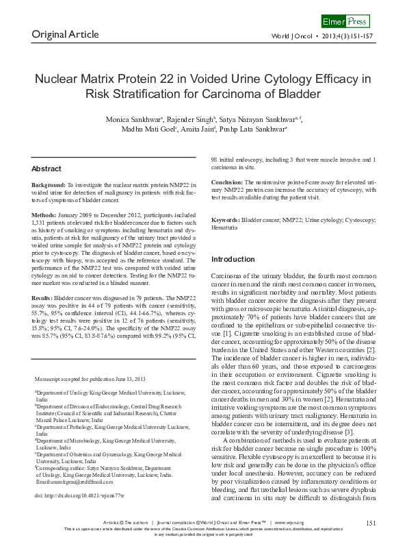 (PDF) Nuclear Matrix Protein 22 in Voided Urine Cytology Efficacy in Risk Stratification for ...
