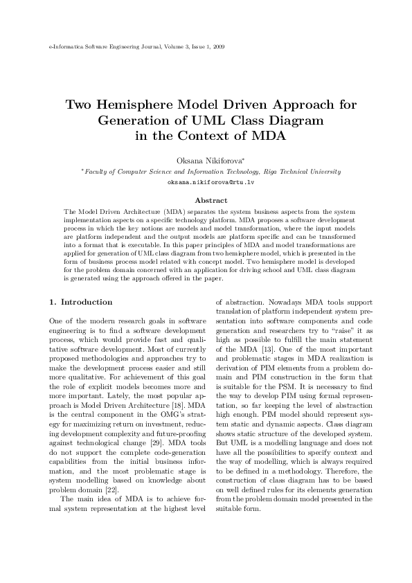 (PDF) Two Hemisphere Model Driven Approach for Generation of UML Class Diagram in the Context of MDA