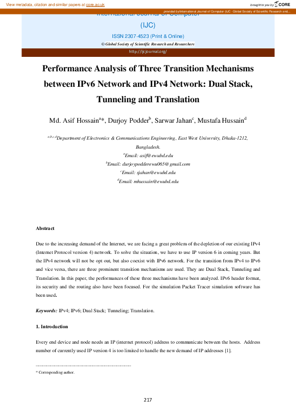 (PDF) Performance Analysis of Three Transition Mechanisms between IPv6 Network and IPv4 Network ...