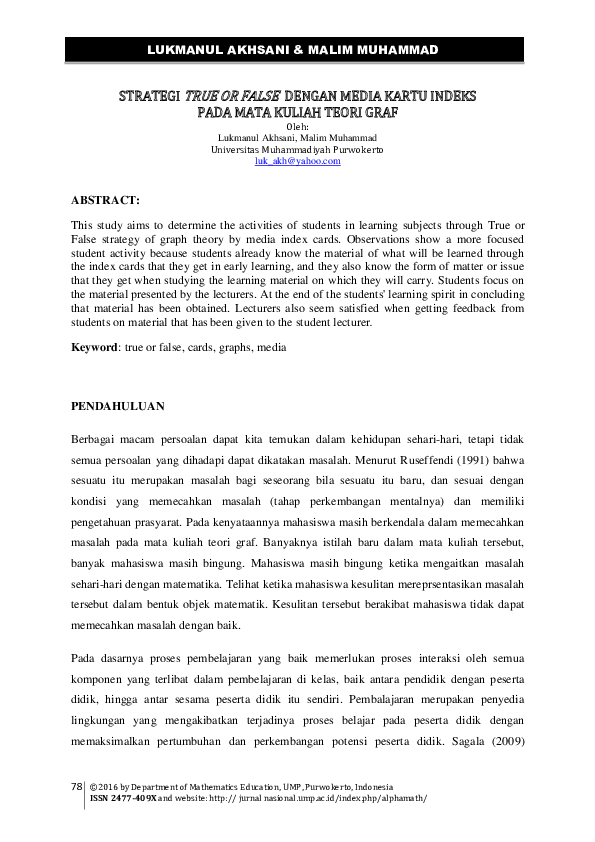 (PDF) Strategi True or False Dengan Media Kartu Indeks Pada Mata Kuliah ...