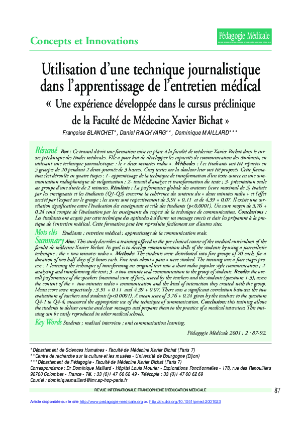 (PDF) Utilisation d’une technique journalistique dans l’apprentissage de l’entretien médical ...