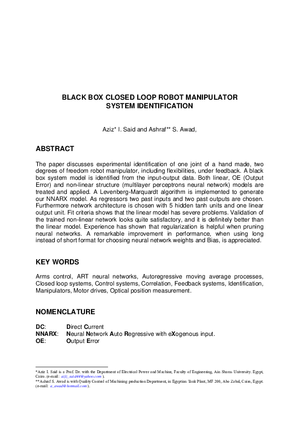 (PDF) Black Box Closed Loop Robot Manipulator System Identification