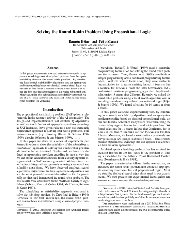 (PDF) Solving the round robin problem using propositional logic