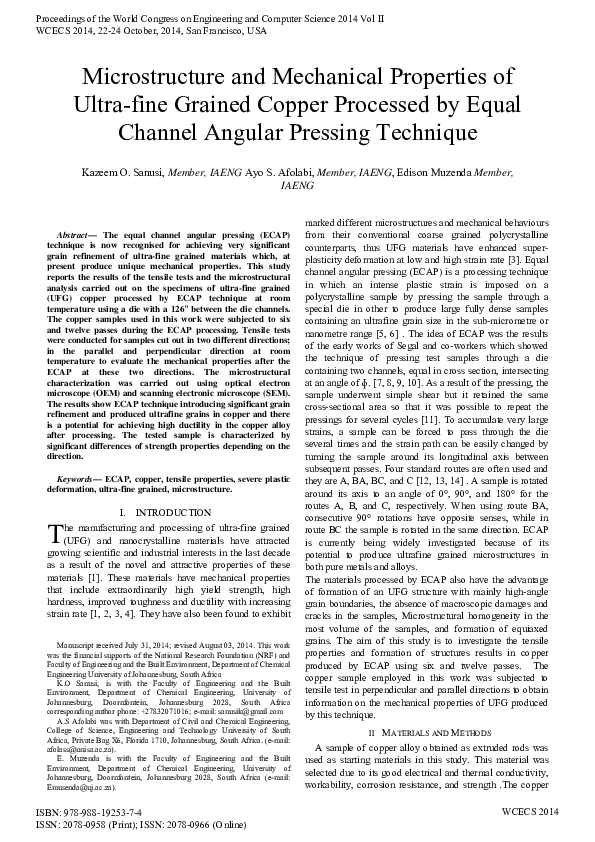 (PDF) Microstructure and mechanical properties of ultra-fine grained copper processed by equal ...
