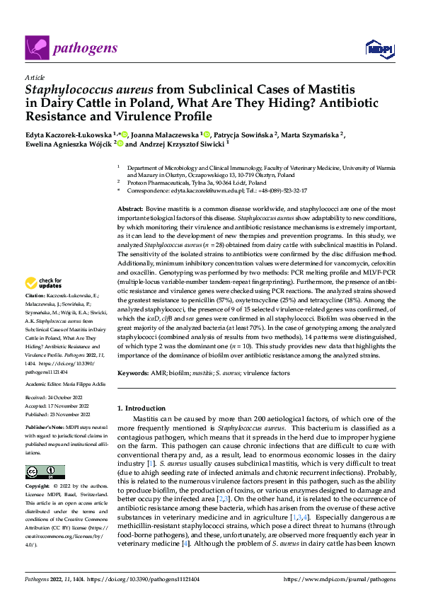 (PDF) Staphylococcus aureus from Subclinical Cases of Mastitis in Dairy Cattle in Poland, What ...