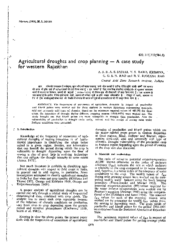 (PDF) Agricultural droughts and crop planning – A case study For ...
