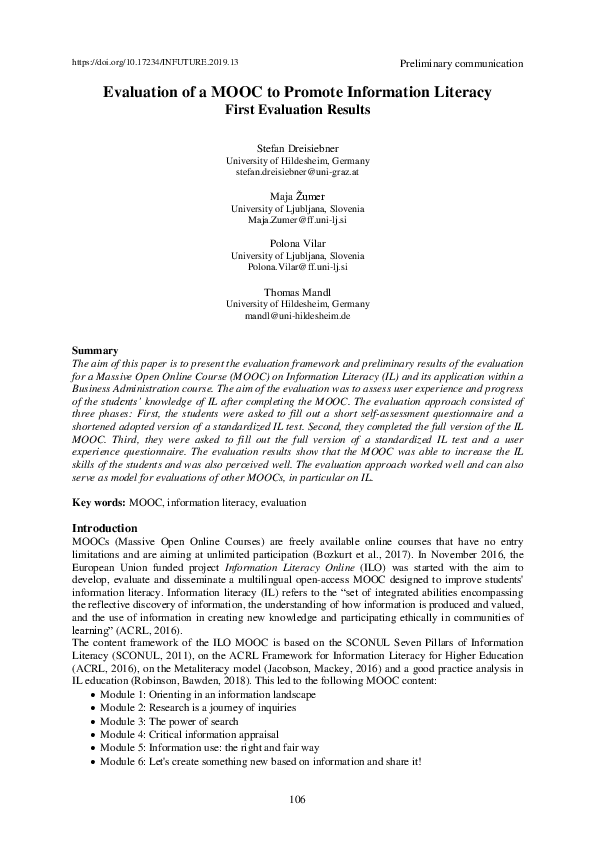 (PDF) Evaluation of a MOOC to promote information literacy: first ...