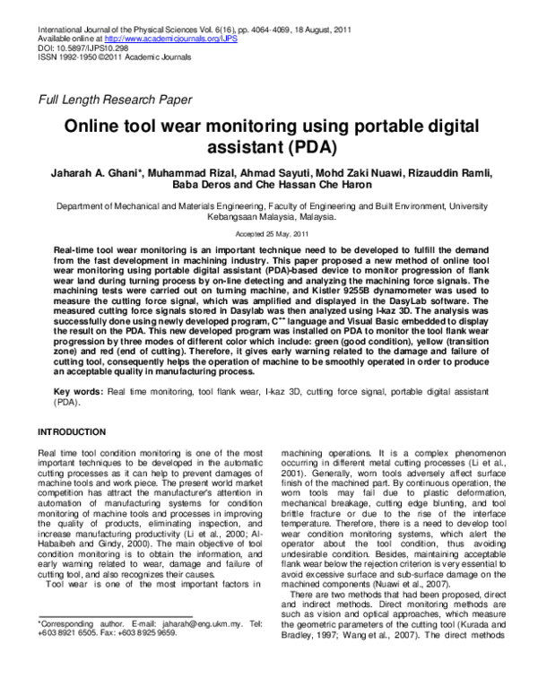 (PDF) Online tool wear monitoring using portable digital assistant (PDA ...
