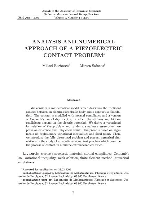 (PDF) Analysis and Numerical Approach of a Piezoelectric Contact Problem