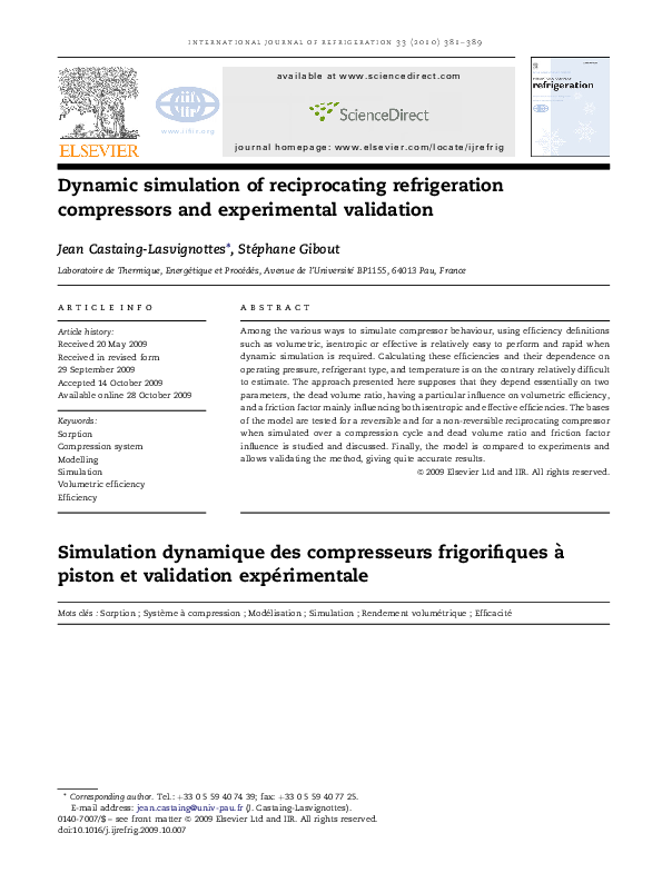 (PDF) Dynamic simulation of reciprocating refrigeration compressors and experimental validation