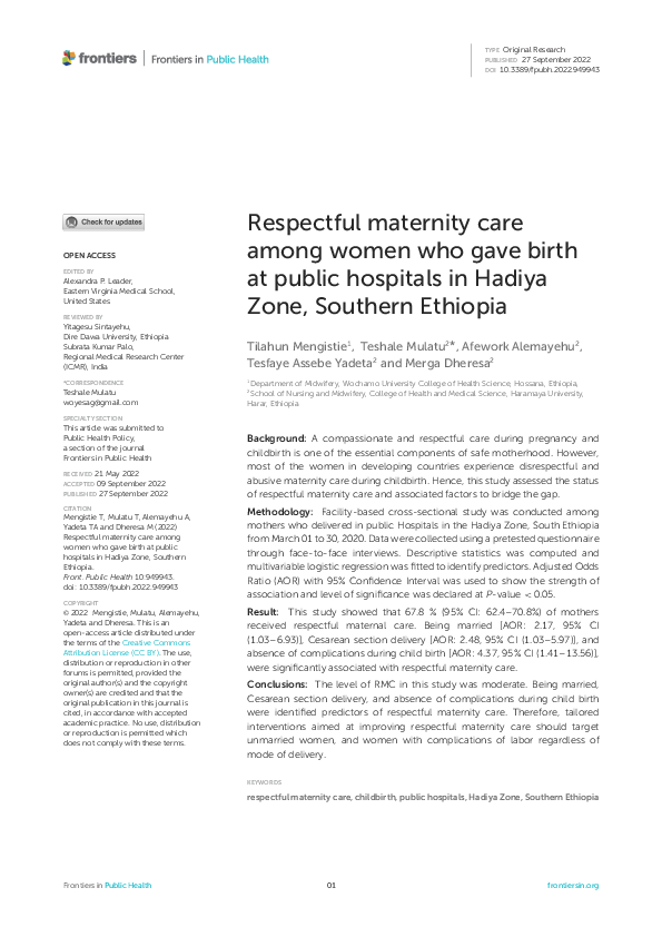 (PDF) Respectful maternity care among women who gave birth at public hospitals in Hadiya Zone ...