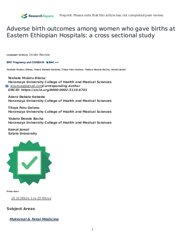 (PDF) Adverse birth outcomes among women who gave births at Eastern ...