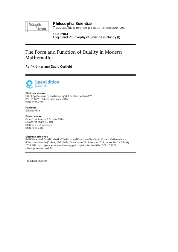 (PDF) The Form and Function of Duality in Modern Mathematics