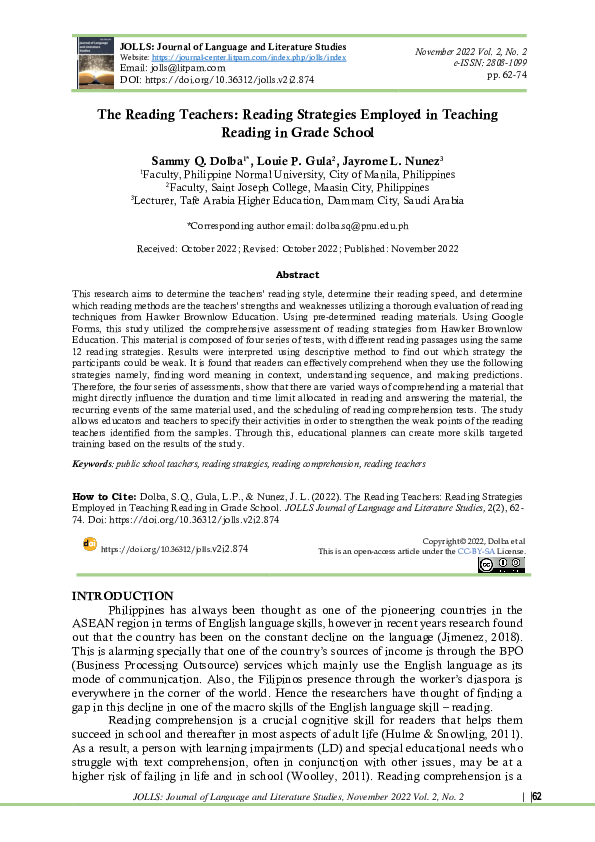 (PDF) The Reading Teachers: Reading Strategies Employed in Teaching ...