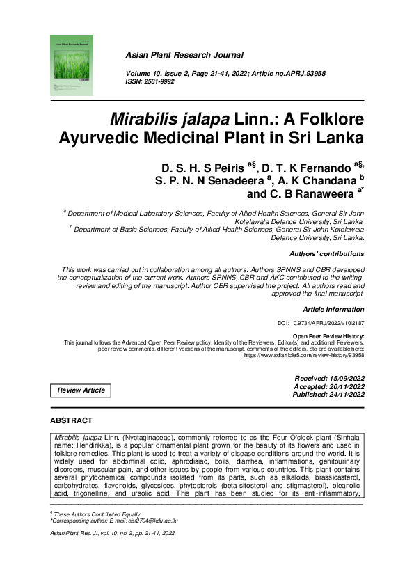 (PDF) Mirabilis jalapa Linn.: A Folklore Ayurvedic Medicinal Plant in ...