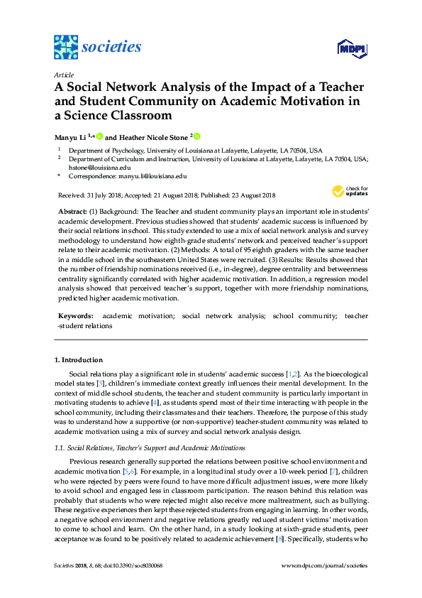 (PDF) A Social Network Analysis of the Impact of a Teacher and Student ...