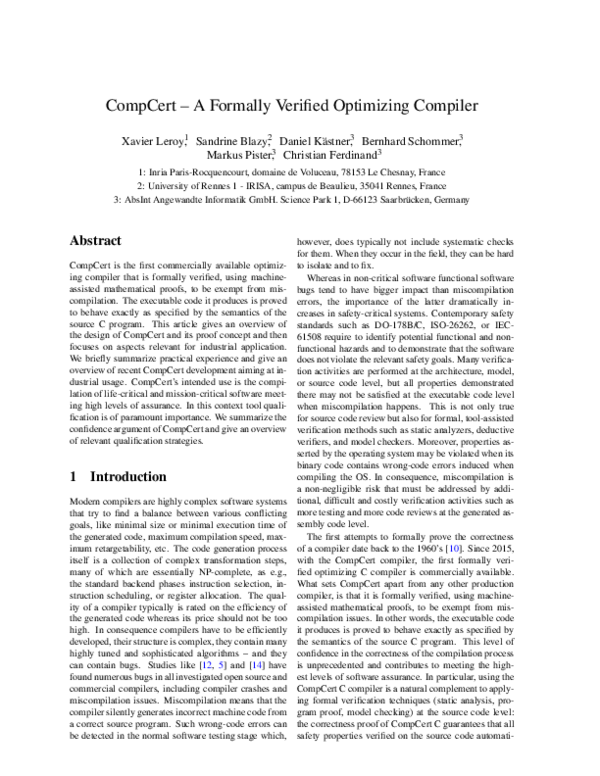 Pdf Compcert A Formally Verified Optimizing Compiler 