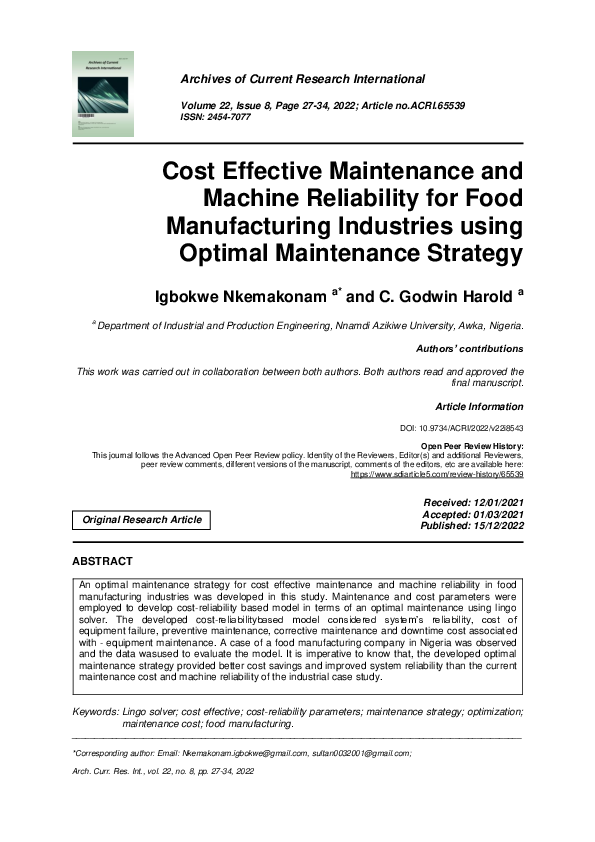 (PDF) Cost Effective Maintenance and Machine Reliability for Food ...