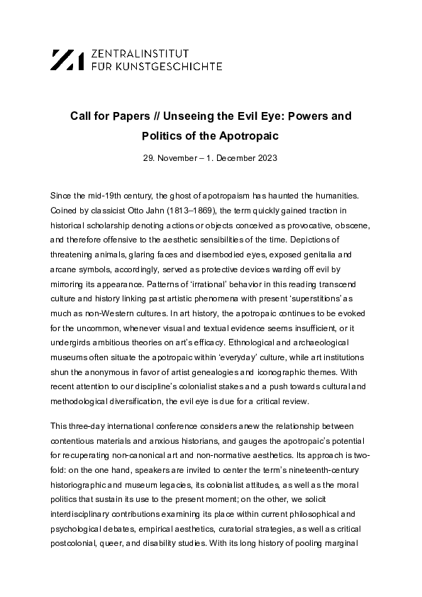 (PDF) CFP -- Unseeing the Evil Eye: Powers and Politics of the Apotropaic