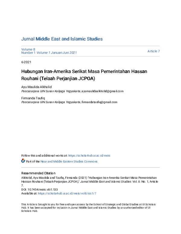 (PDF) Hubungan Iran-Amerika Serikat Masa Pemerintahan Hassan Rouhani ...