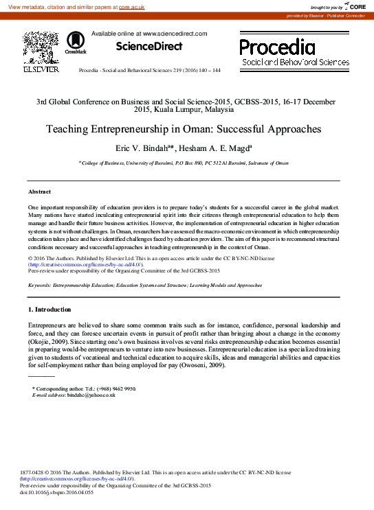 (PDF) Teaching Entrepreneurship in Oman: Successful Approaches