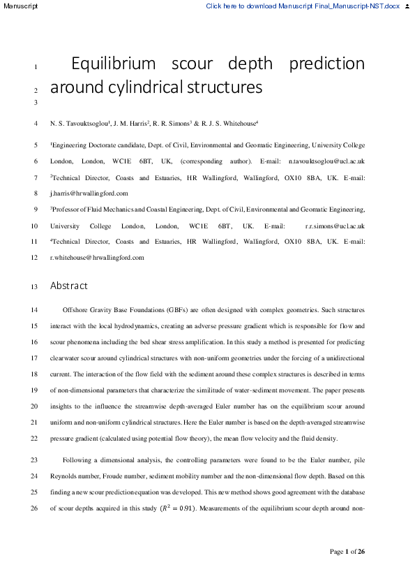 (PDF) Equilibrium Scour-Depth Prediction around Cylindrical Structures